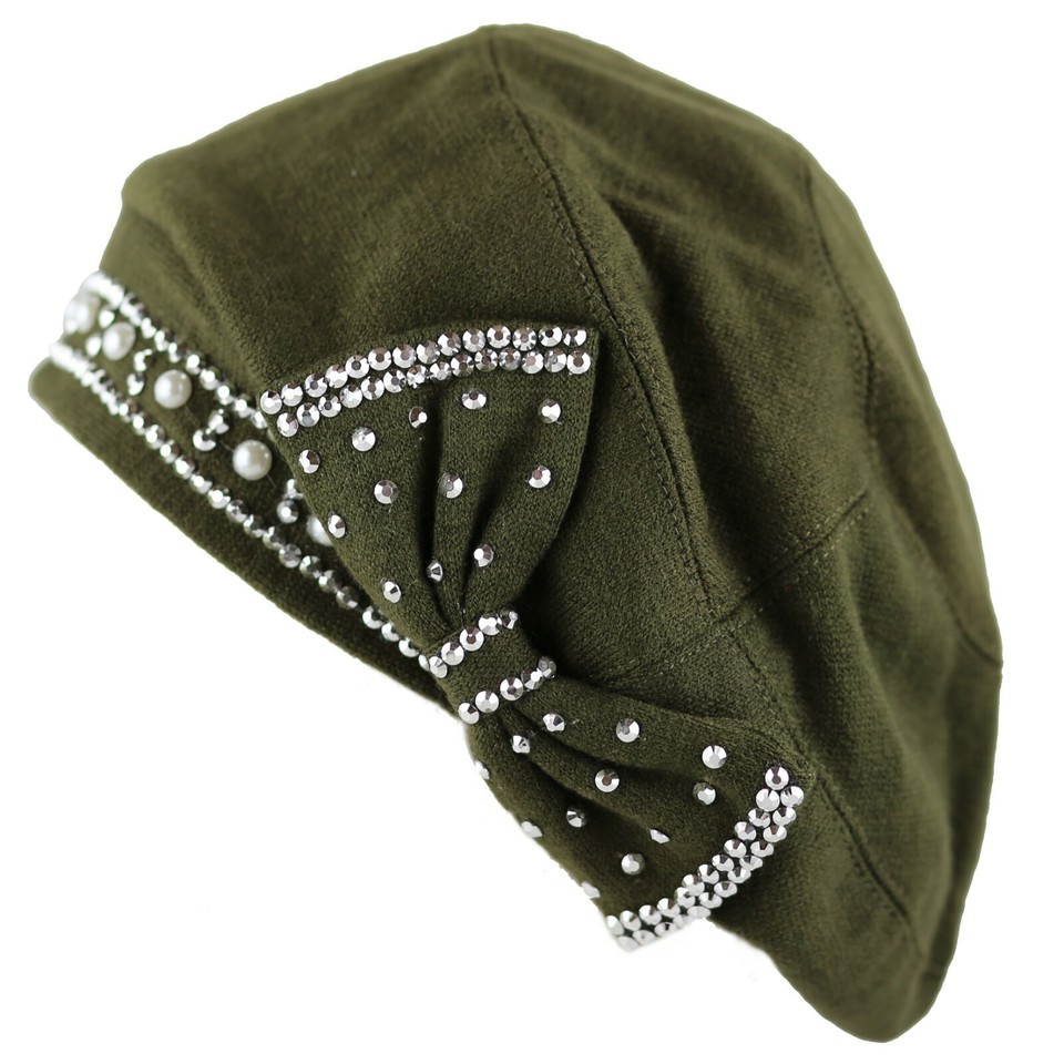 Beanie Hat - Fleece Lining Ribbon Beanie With Rhinestone and Pearls ...