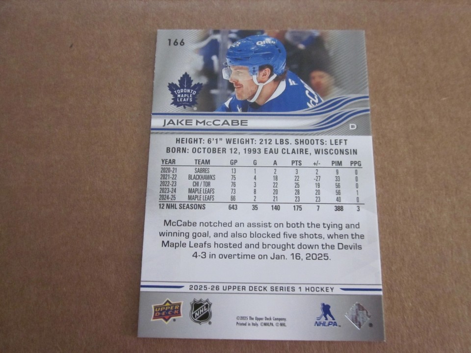 2025-26 Upper Deck Jake McCabe Toronto Maple Leafs High Gloss Hockey ...