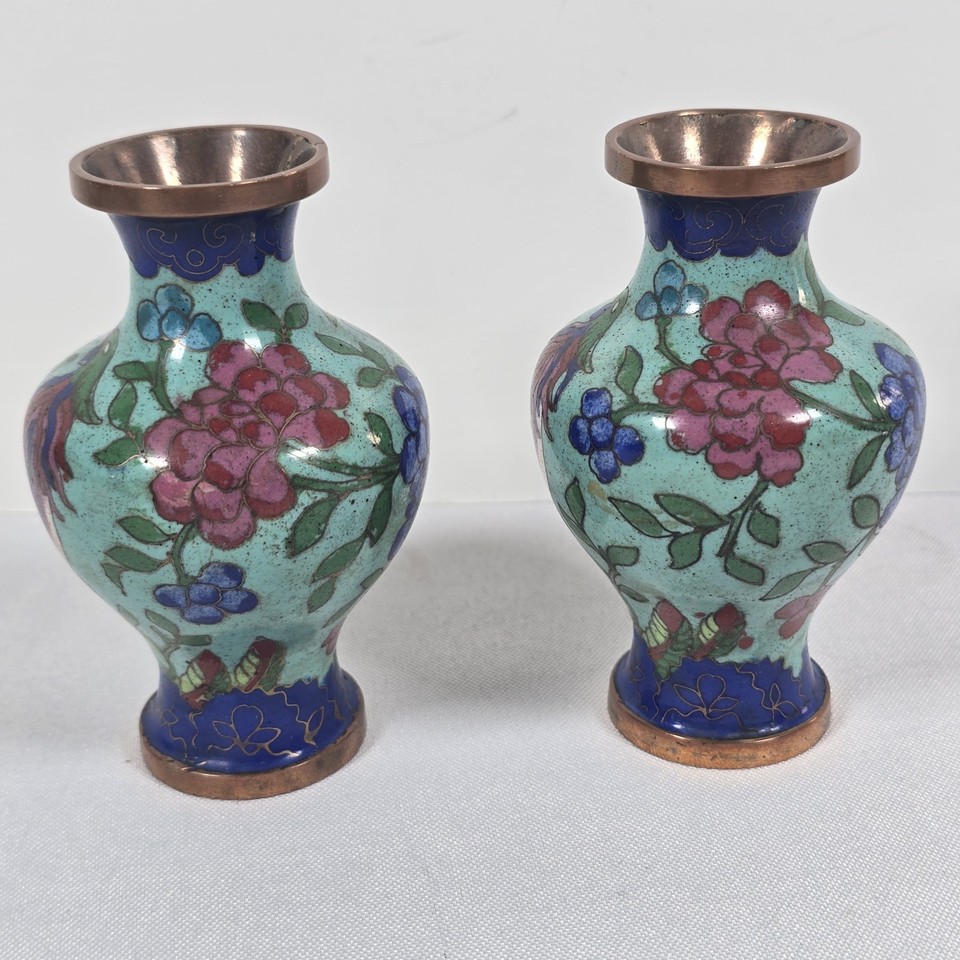 PAIR OF VINTAGE ASIAN CHINESE CLOISONNE BLUE VASES WITH FLOWERS & BIRD ...