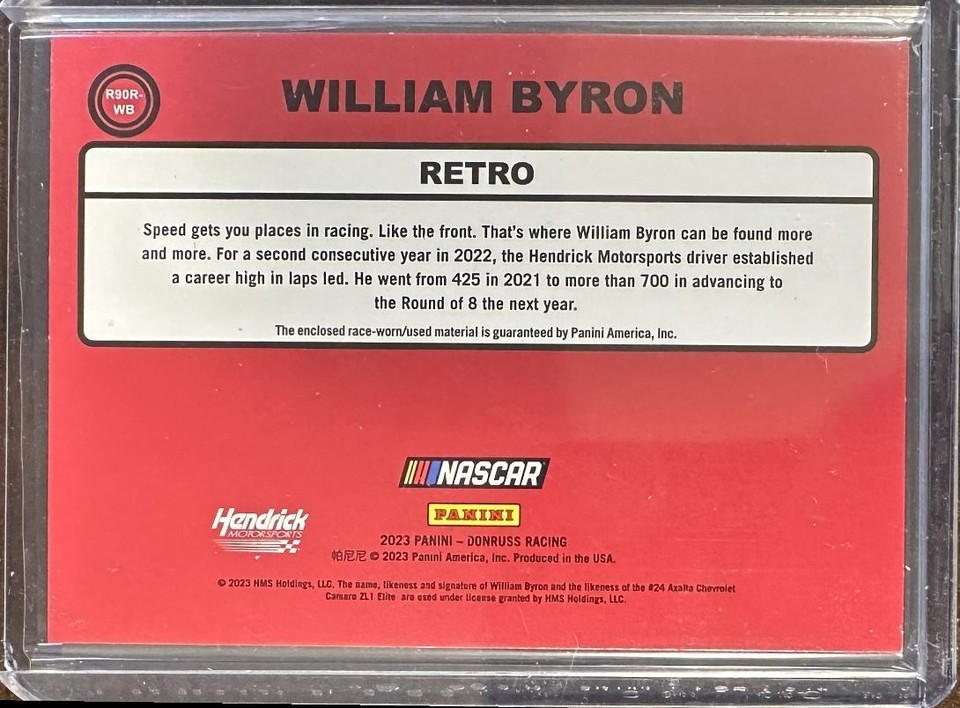 2023 Panini Donruss Nascar William Byron Retro 1990 Relic Hendrick ...