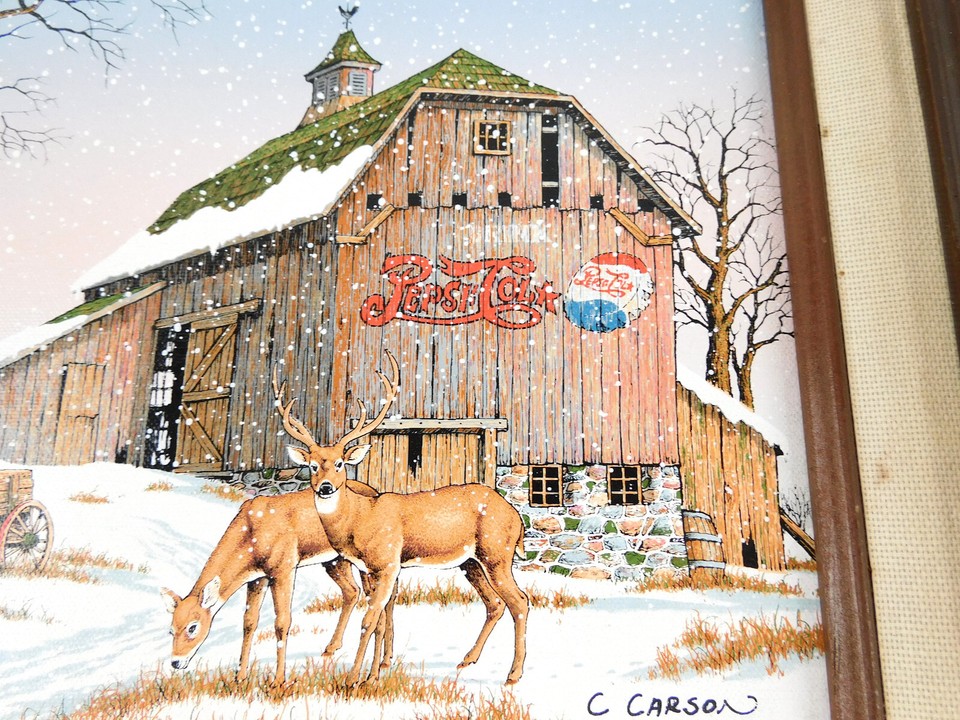 C. Carson Framed Painting on Canvas Pepsi-Cola Barn and Deer in Snow ...