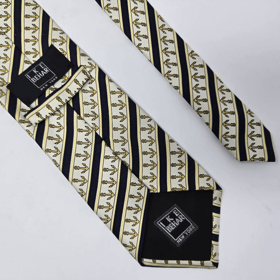 IKE BEHAR NEW YORK SILK TIE WHITE GOLD NAYY BLUE NAUTICAL STRIPE 3.75 ...