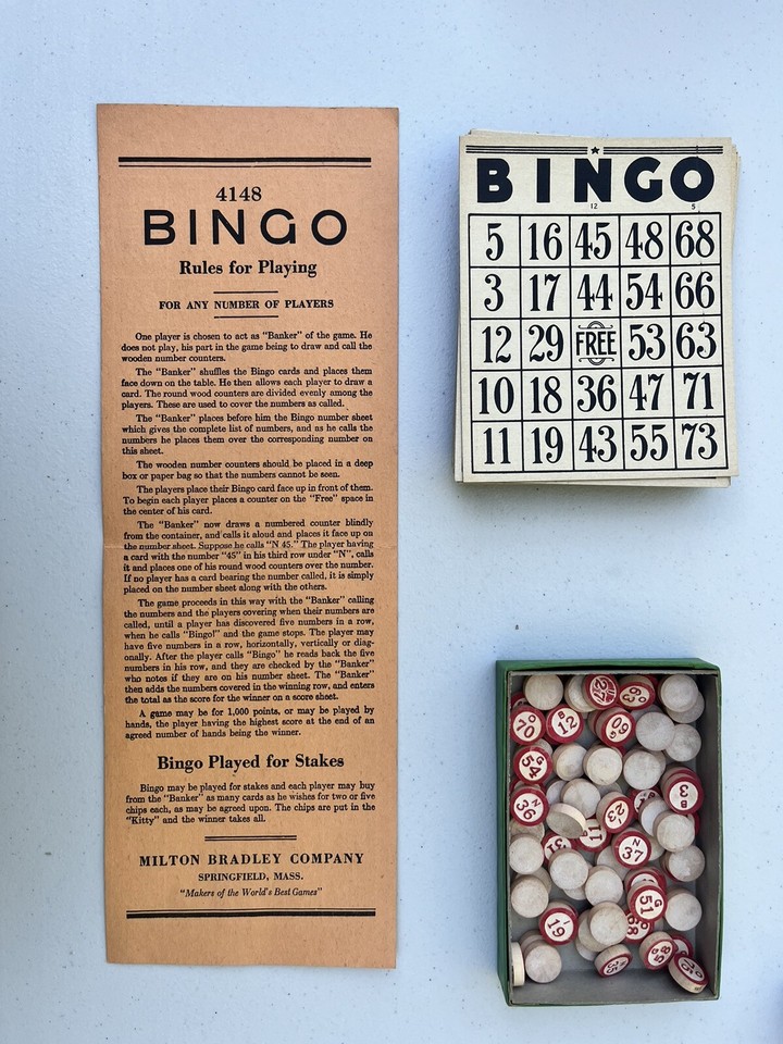 Vintage Bingo Game 1930s Milton Bradley #4148 Wood Pieces Cards ...