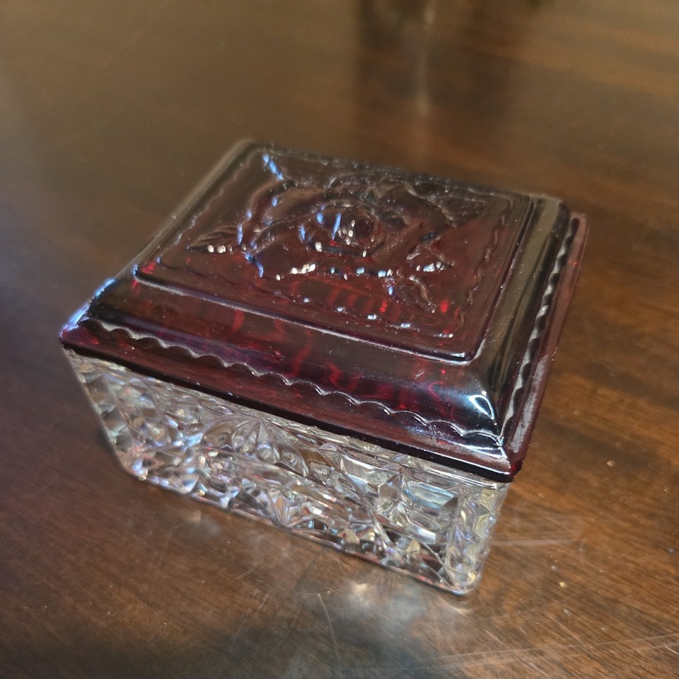 Vintage Anchor Hocking Cut Glass Jewelry Trinket Box Ruby Red Embossed ...