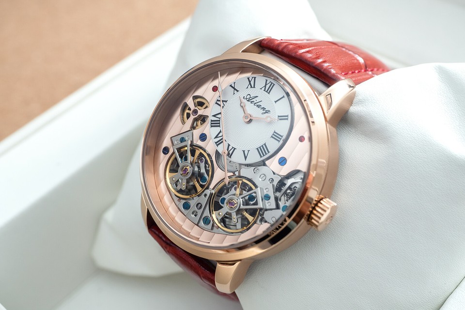 Mens Luxury Double Flywheel Automatic Mechanical Watch Rose Gold Red ...