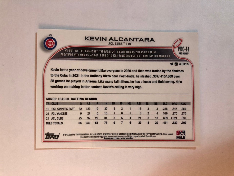 Kevin Alcantara 2022 Topps Pro Debut Chrome #PDC-14 ACL Cubs | eBay