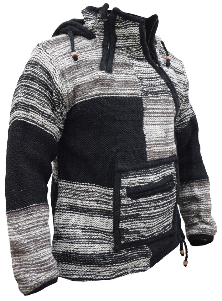 Men's Woolen Patchwork Knit Zip Fleece Lined Kangaroo Pouch Warm Jacket ...