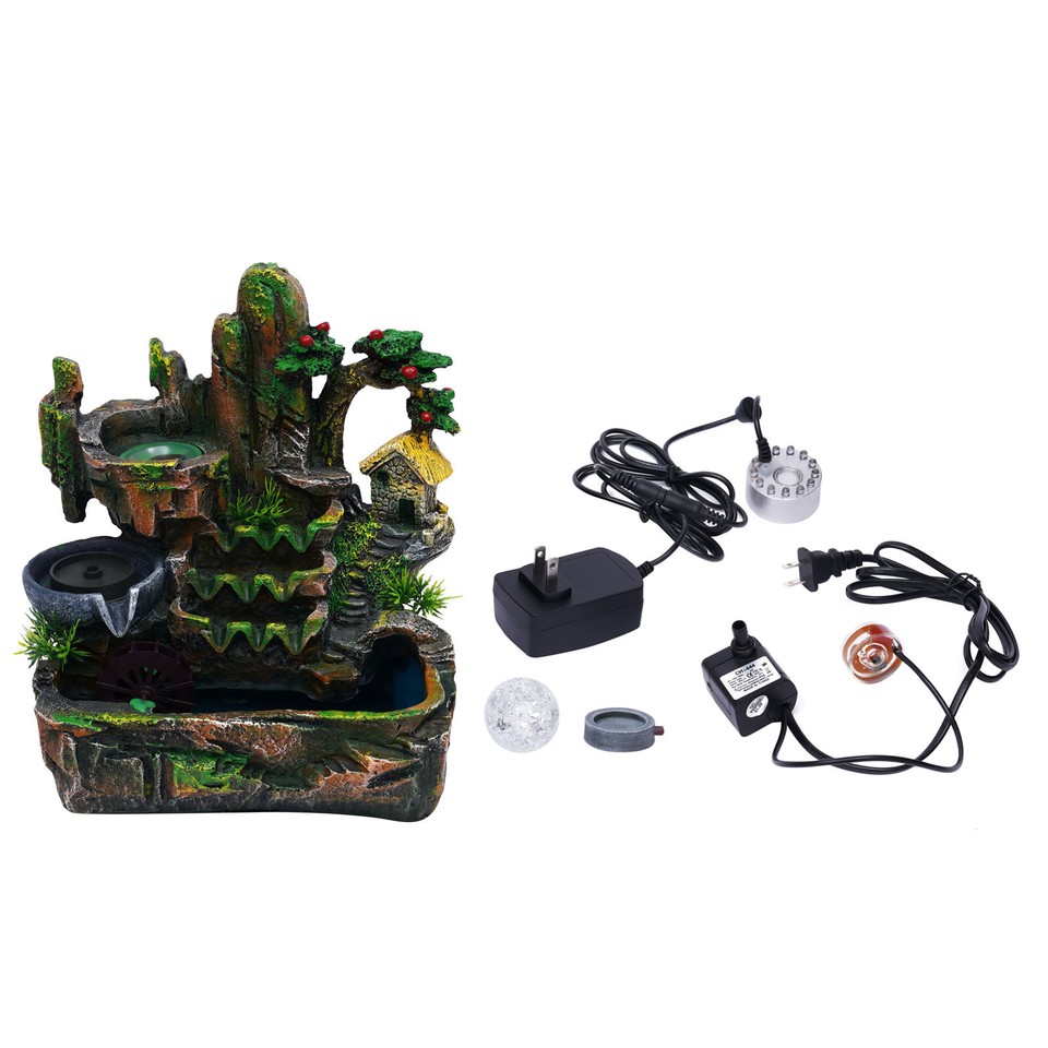 Desktop Fountain Rock Waterfall Humidifier with Artificial Tree and LED ...