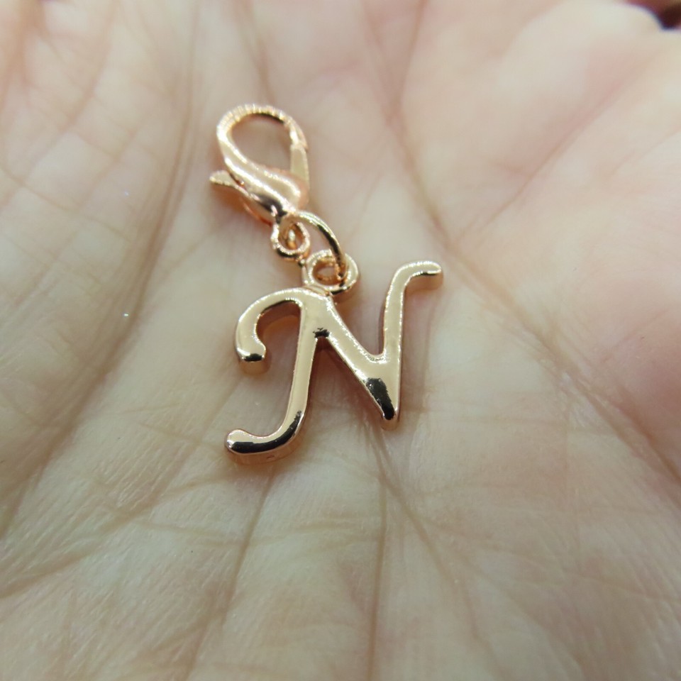 CURSIVE LETTER N Charm Zipper Pull Keychain Add On Clip Rose Gold Tone ...