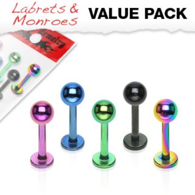 5pc Value Pack Externally Threaded Titanium IP Surgical Steel Labrets ...