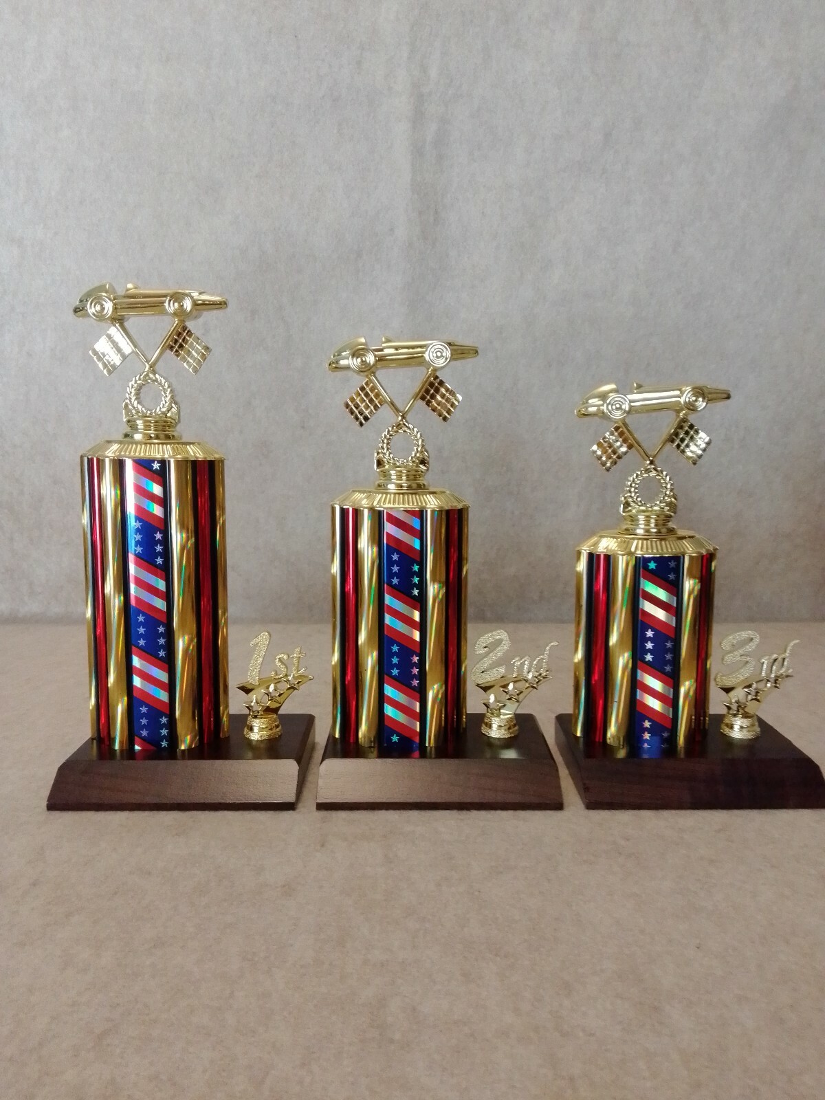 3 Trophies for Pinewood Racing Derby 1st, 2nd, 3rd place. Patriotic ...