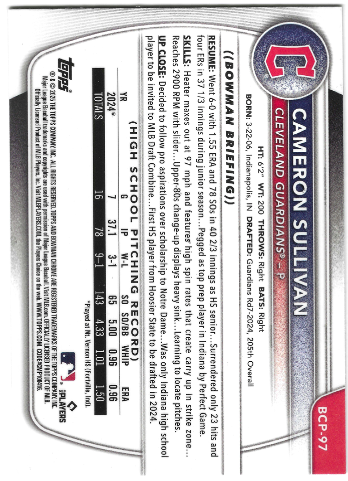 2025 Bowman Chrome Prospects Cameron Sullivan #BCP-97 (RC) Guardians ...