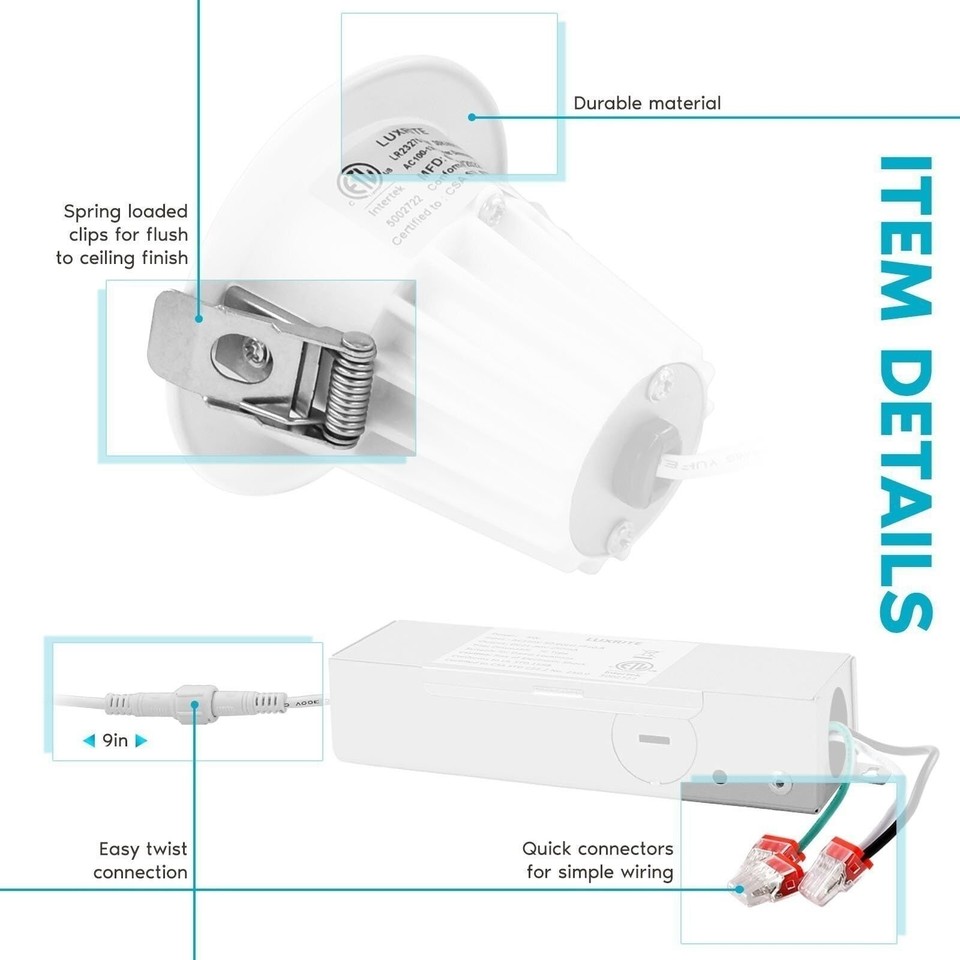 Luxrite 2" LED Recessed Light J-Box 3CCT Selectable 8W 600 Lumens ETL 4 ...