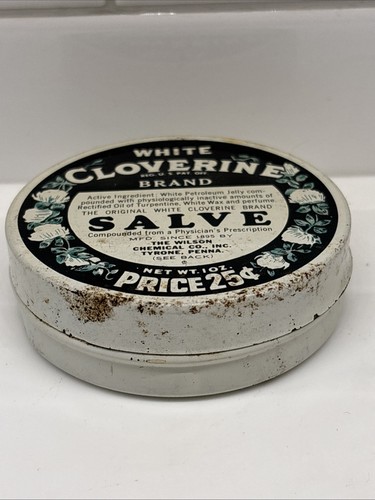 VINTAGE WHITE CLOVERINE SALVE TIN Clover Graphics Price .25 Wilson ...