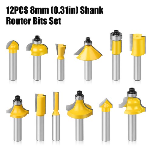 12PCS Router Bits Set 8mm Cove Box/Chamfer/Dovetail/Round over/Straight ...