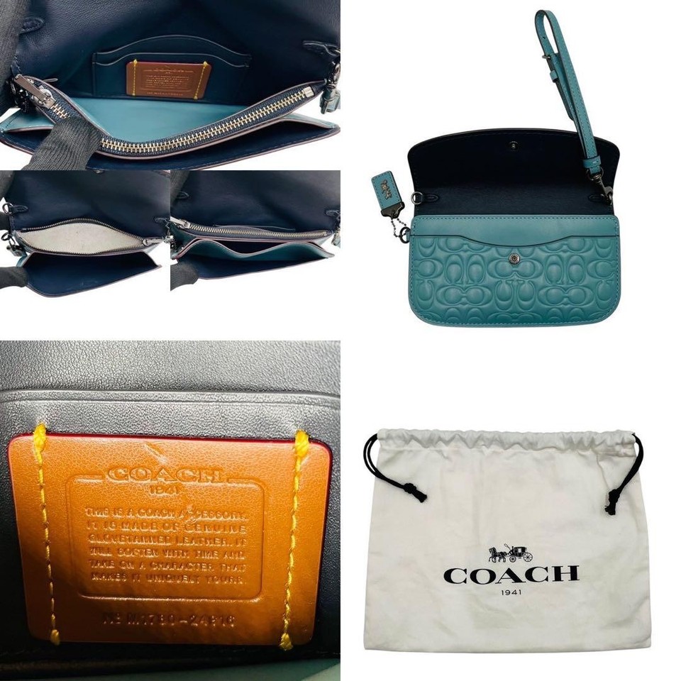 Excellent COACH 24916 Signature Embossed Leather Shoulder Bag Turquoise ...