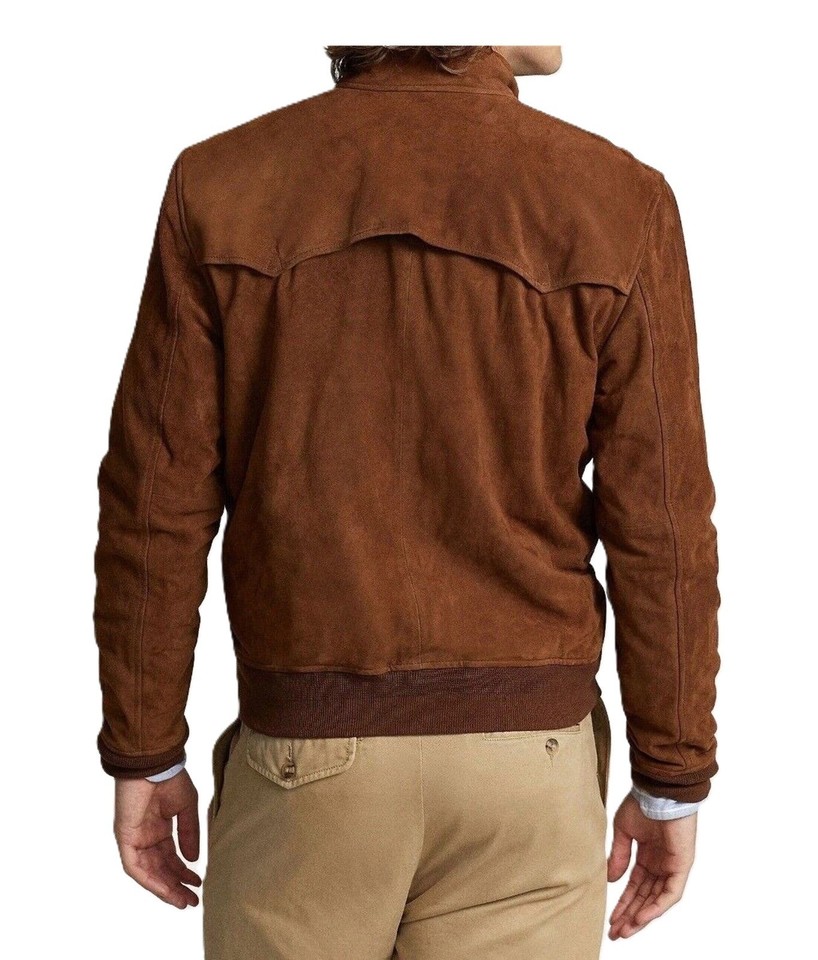 Men’s Classic Suede Flight Bomber Jacket Brown Pure Suede Leather Biker ...