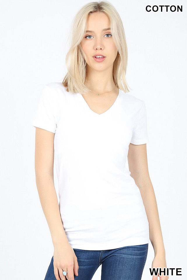 Women's V-NECK Basic Cotton Short Sleeve T-Shirt Soft Stretch Plain Top ...