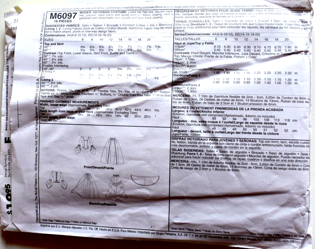 McCalls Sewing Pattern M6097 Sizes 14-20 Misses Victorian Costume Uncut ...