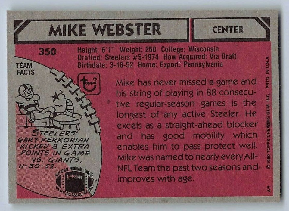 1980 MIKE WEBSTER - Topps "ALL PRO" Football Card- # 350 - PITTSBURGH ...