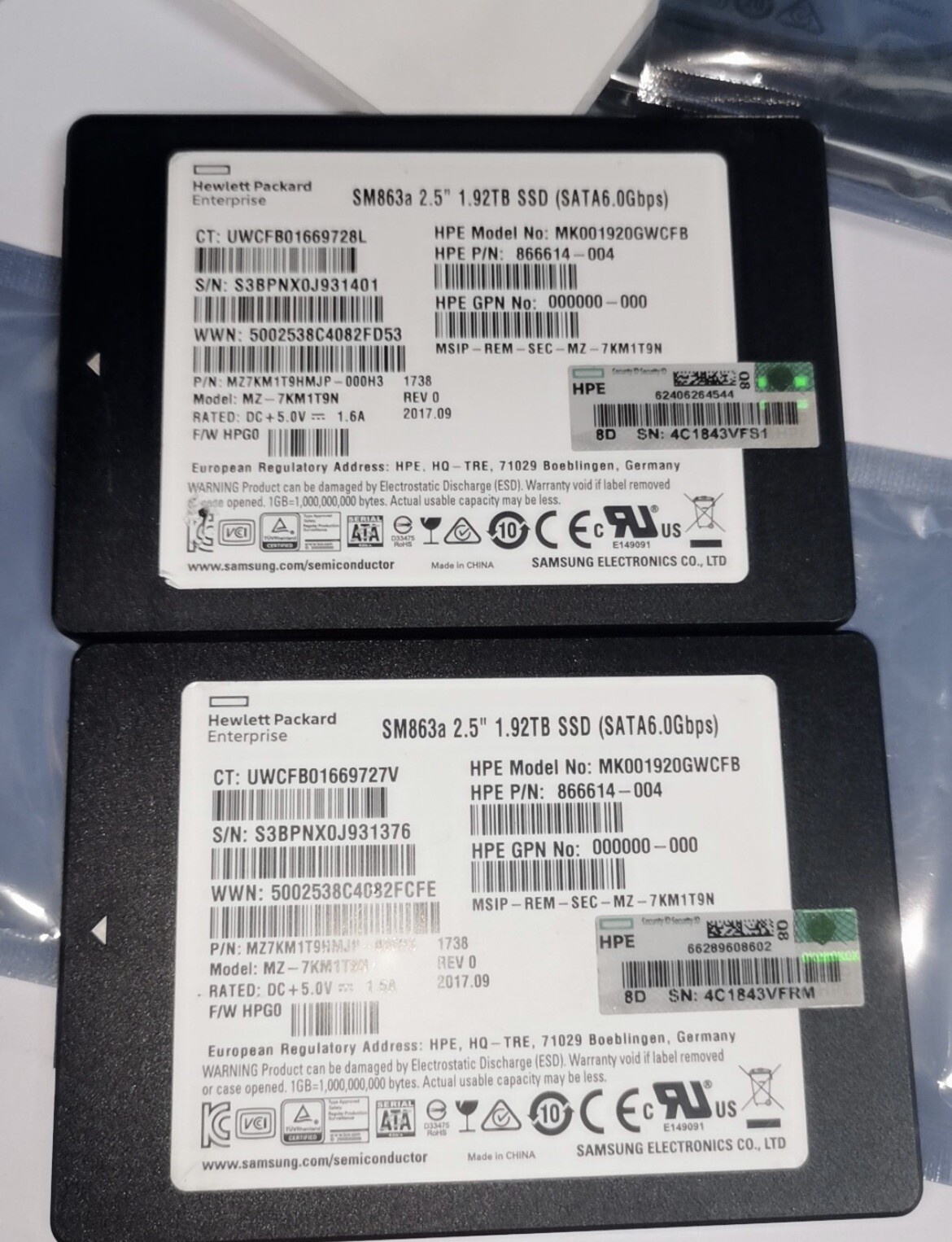 HPE MK001920GWCFB 866614-004 MZ-7KM1T9N Samsung SM863a 2.5" 1.92TB SATA ...