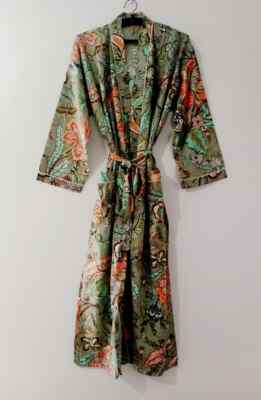 Indian Green Floral Print Cotton Robes Long Kimono Sleepwear Night ...