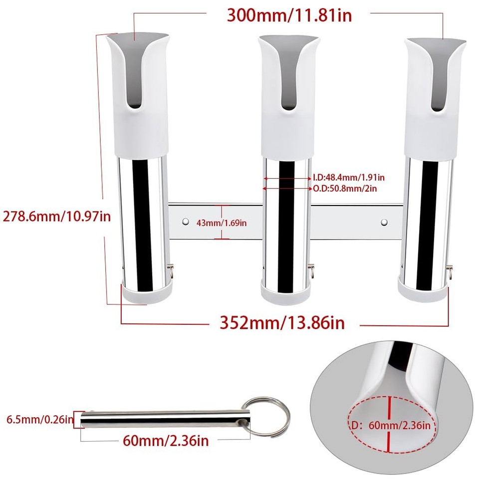 3 in 1 Tube Fishing Rod Rack, 316 Stainless Steel Side Mounted Rod ...