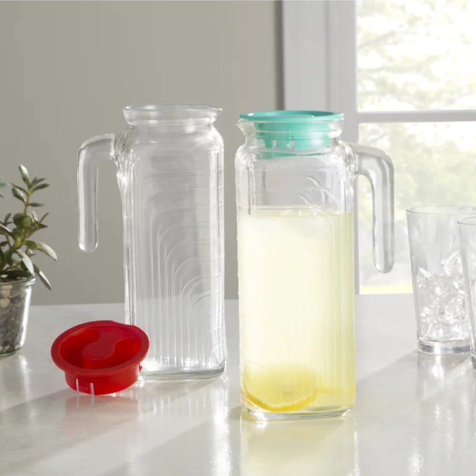Bormioli Rocco Gelo 41 Oz Glass Pitchers with Lid - Set of 2 (Red Lid ...