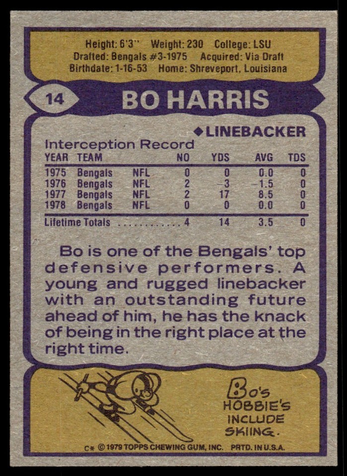 1979 Topps a Bo Harris Cincinnati Bengals #14 | eBay