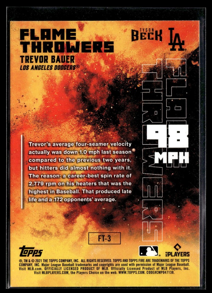 2021 Topps Fire #FT-3 Trevor Bauer Flame Throwers Gold Minted | eBay