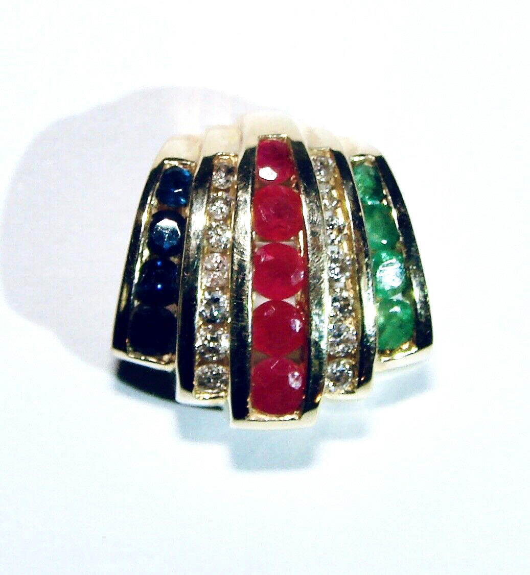Estate 14k YELLOW GOLD SAPPHIRE DIAMOND RUBY SLIDE PENDANT 4.6g MULTI ...