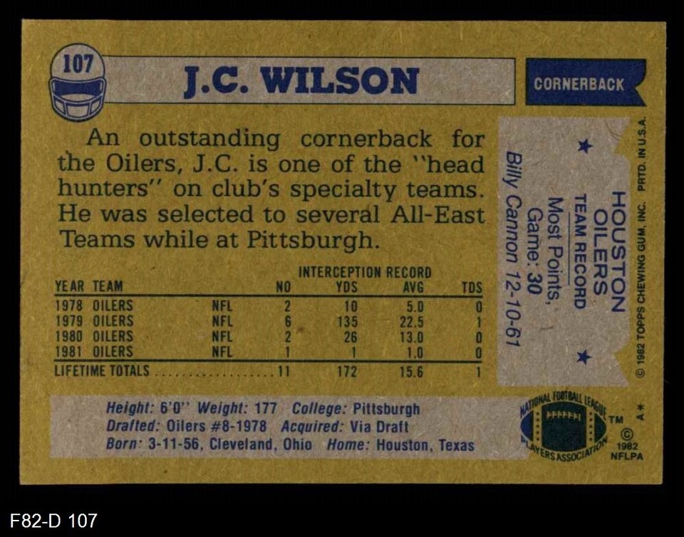 1982 Topps #107 J.C. Wilson Oilers Pittsburgh 8 - NM/MT | eBay