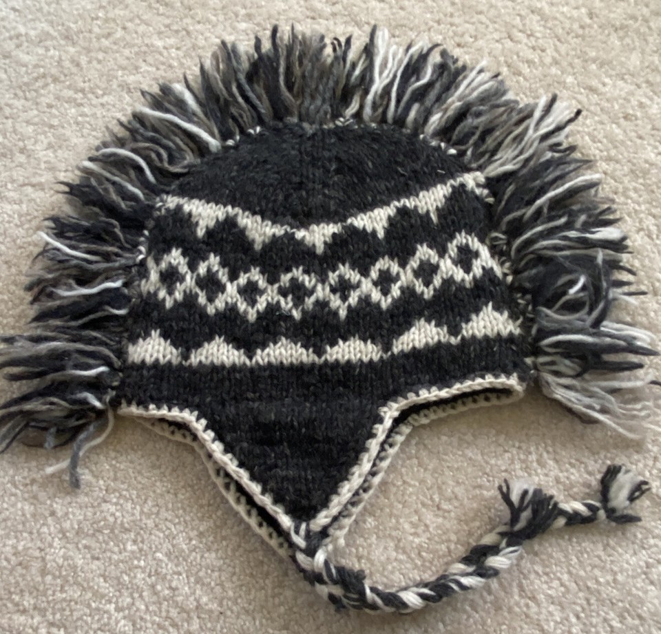 Woolies Wool Hat Cap Ear Flap Size L Grey Beanie Polar Fleece Nepal Aztec Ikat | eBay