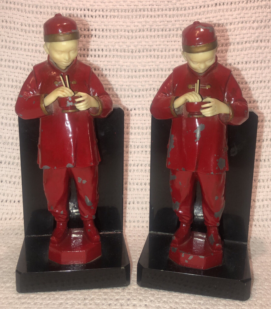 Antique 1933 1930s Chinese Man Eating Bookends JB Hirsch Red Spelter ...