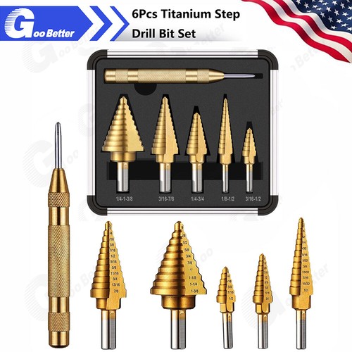 HSS 6PCS Titanium Step Drill Bit Set W Automatic Center Punch High ...