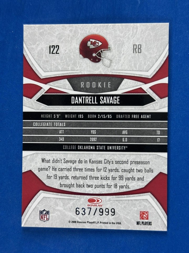 2008 Donruss Gridiron Gear #122 Dantrell Savage Kansas City Chiefs #/999 | eBay