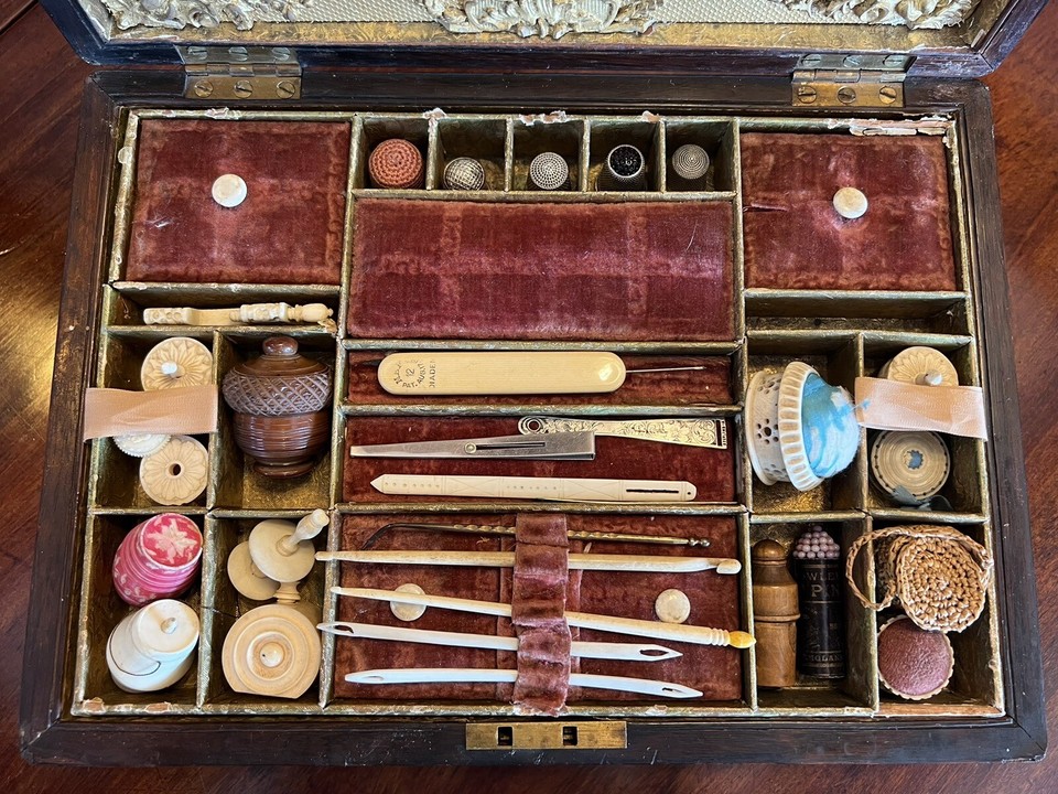 ANTIQUE ROSEWOOD & MOP SEWING BOX WITH 44 IMPLEMENTS, EARLY 19th ...