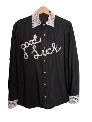 Black Shirt with Embroidered Buttons with an Inscription | eBay