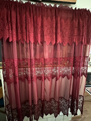 VTG French Red Sheer Lace Fishnet 2 Hanging Drapes Panels 64”L x 51” W ...