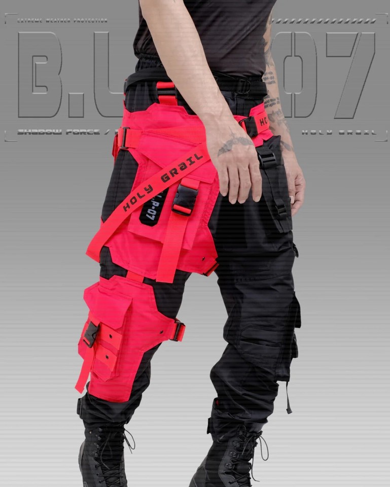 Men's Black Red Streetwear Techwear Heavy Cargo Trouser Pants HG B.L.P ...