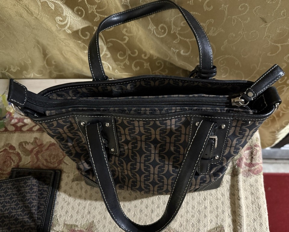 Vintage Fossil Signature Black Monogram Satchel Bag & Matching Wallet ...