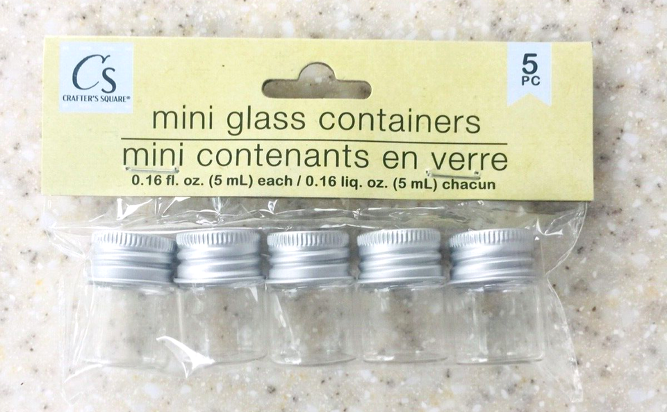 5pc Crafter’s Square MINI GLASS CONTAINERS JARS Silver Tone Lid 0.16 fl ...