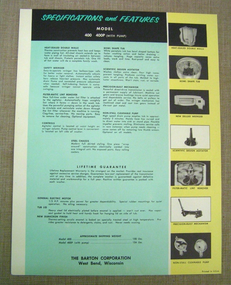 1950's Vintage Barton Model 400 400P Extra Value Wringer Washer 2-Sided ...