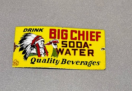 VINTAGE 12” BIG CHIEF WATER COLA PORCELAIN SIGN GAS OIL CAR TRUCK ...