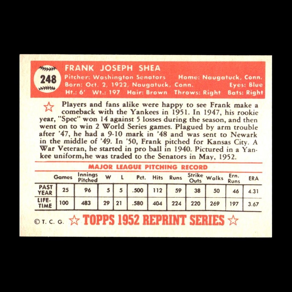 Frank Shea 1983 Topps 1952 Reprint Series Washington Senators #248 NM ...