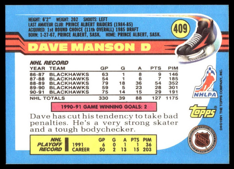 1991-92 Topps #409 Dave Manson Chicago Blackhawks Hockey Card | eBay