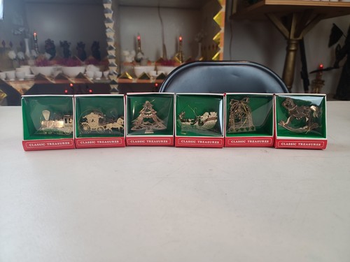 6 Vintage Classic Treasures Gold Dipped Brass Christmas Ornaments Train ...