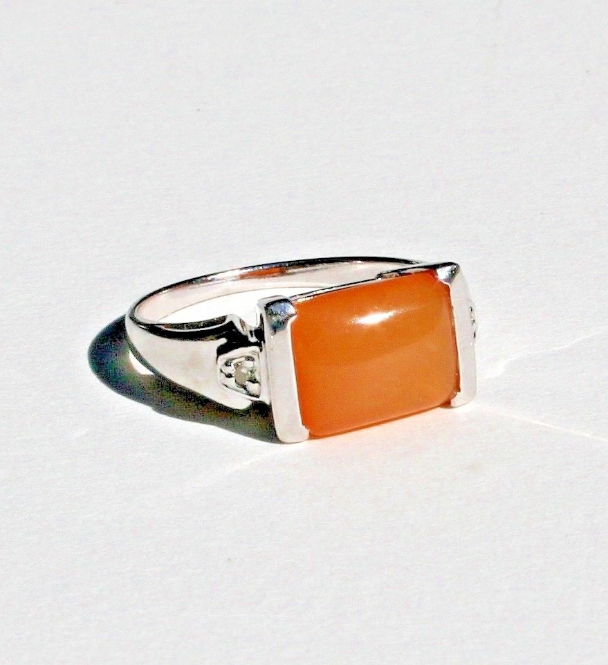 Orange Chalcedony Rectangular Buff Top 14k White Gold Ring w/Dia ...