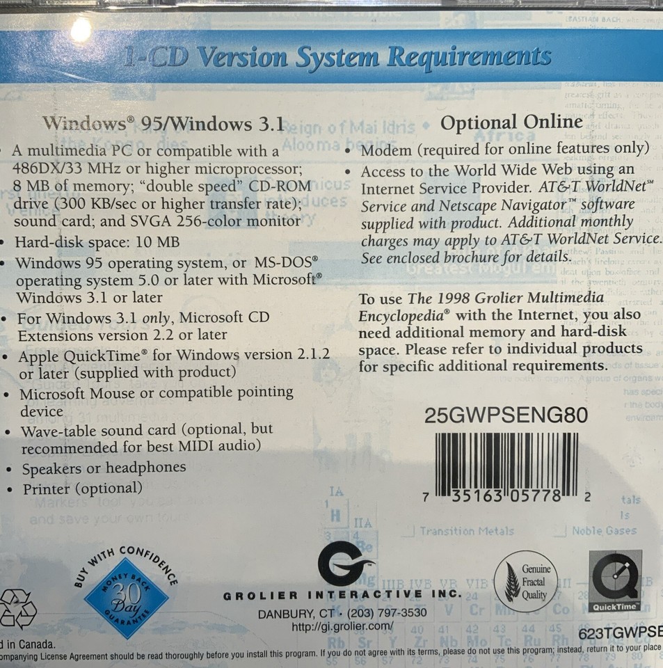 Grolier Encyclopedia 1998- CD-ROM Windows 95/Windows 3.1 Vintage Sealed ...
