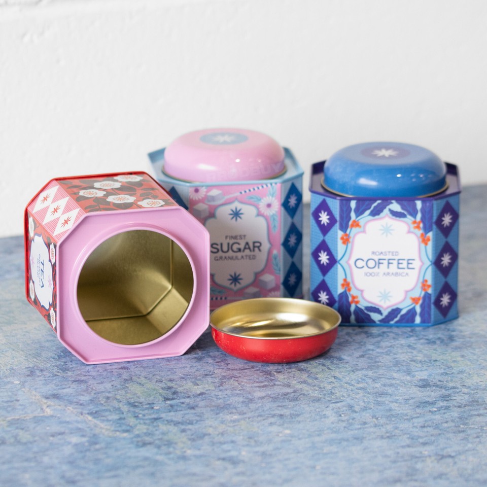Set of 3 Tea Coffee Sugar Tins 0.8L Kitchen Storage Canisters Blue Red ...